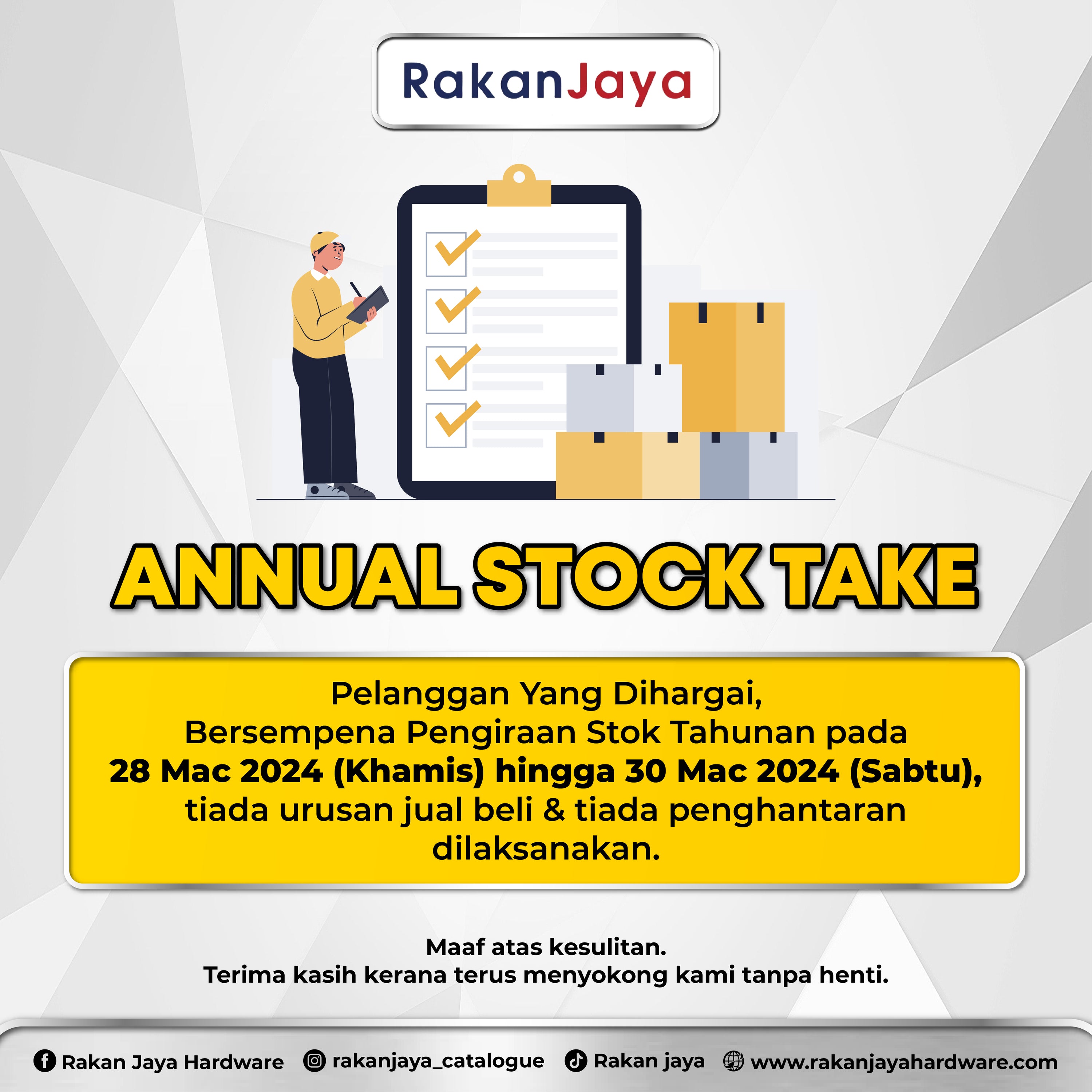 PENGUMUMAN PENUTUPAN WAKTU PERNIAGAAN PADA 28 MAC 2024 HINGGA 30 MAC 2 – Rakan Jaya Hardware